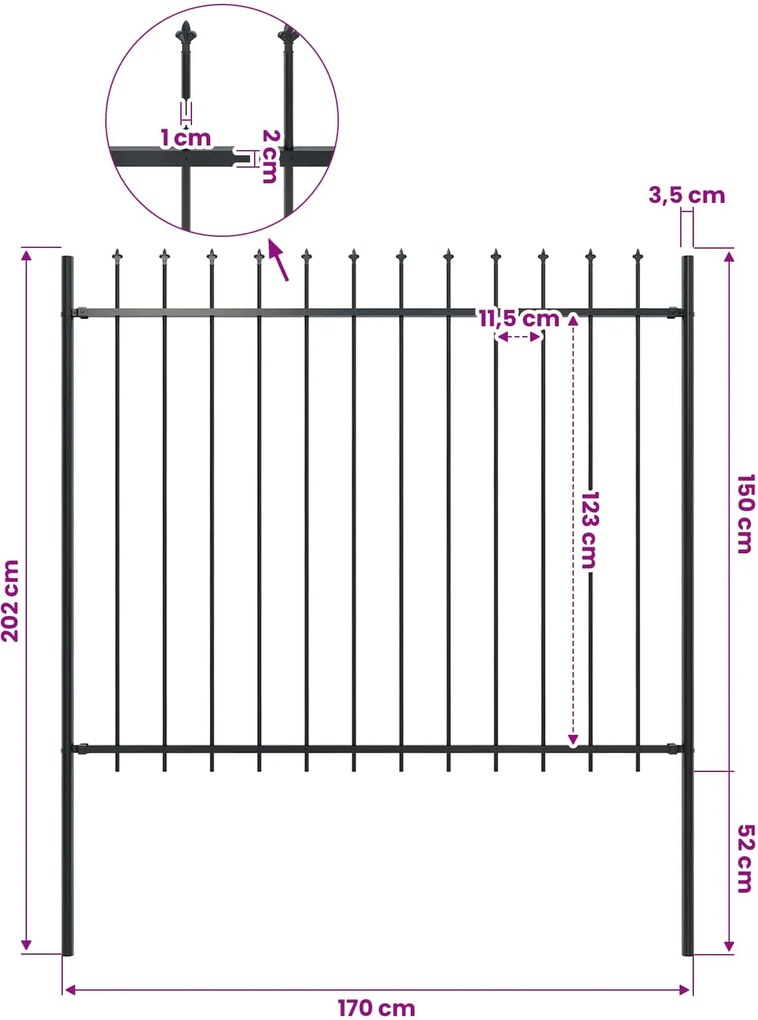 Zahradní plot Woerden s kopím nahoře ocelový 170 x 150 cm černý 144927
