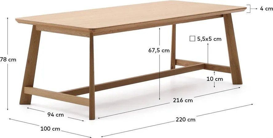 Jídelní stůl s deskou v dubovém dekoru 100x220 cm Idun – Kave Home