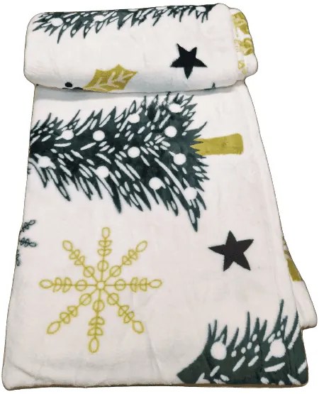 Vánoční mikroplyšová deka 200x230cm - bílá s vločkami a stromky