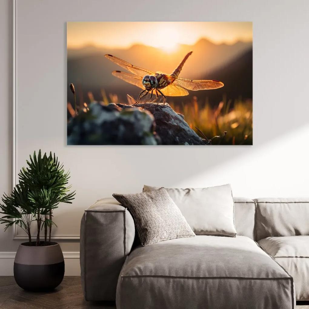 Obraz na plátně - vážka sedící na kameni při západu slunce FeelHappy.cz Velikost obrazu: 120 x 80 cm