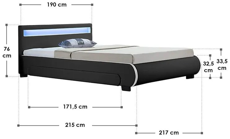 Goleto Čalouněná postel Bilbao s úložným prostorem a LED osvětlením 180 x 200 cm | černá