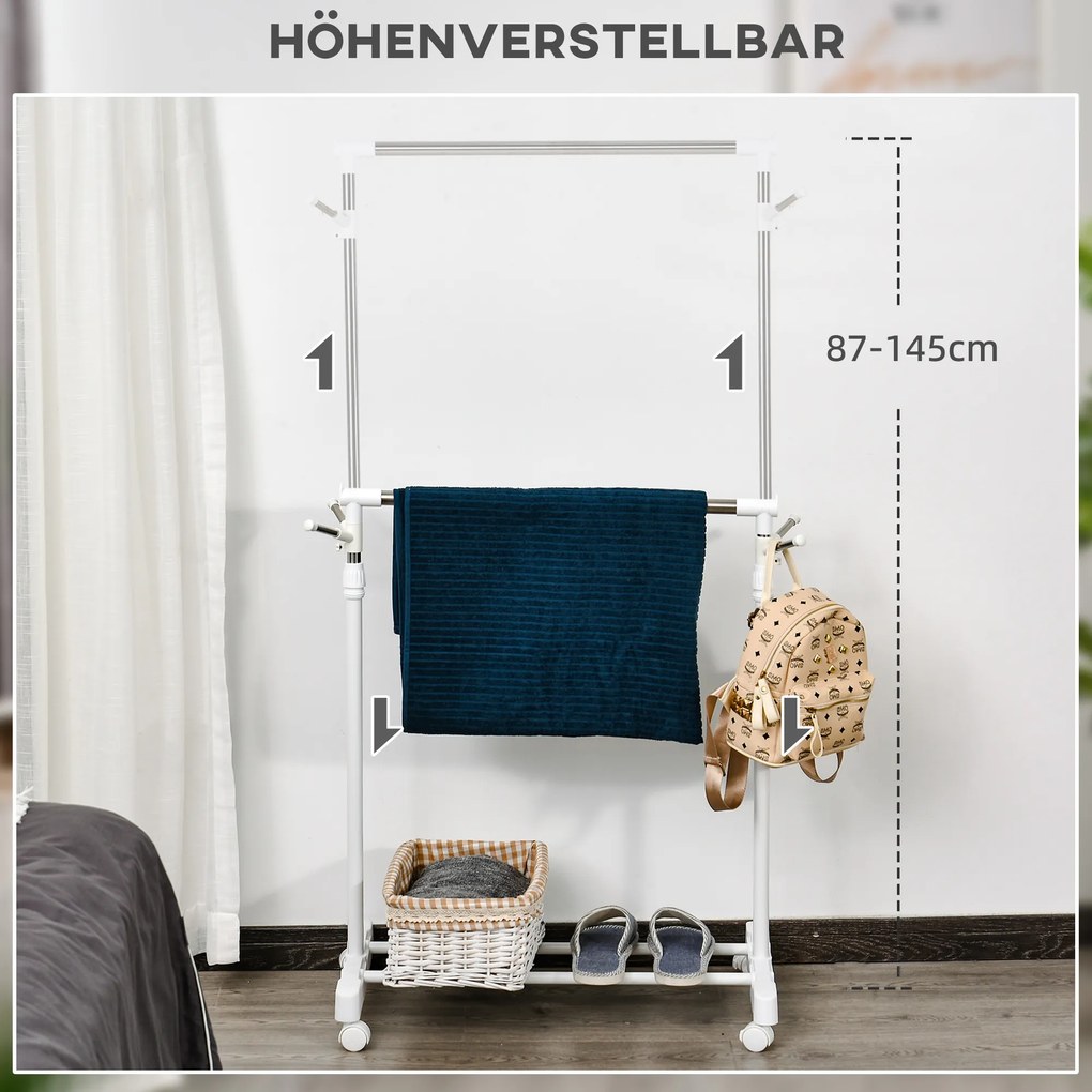 HOMCOM Standardní závěsný stojan na oblečení s nastavitelnou výškou a spodní policí na kolečkách, nerezová ocel 68,5x42x87-145 cm Bílá Stříbrná