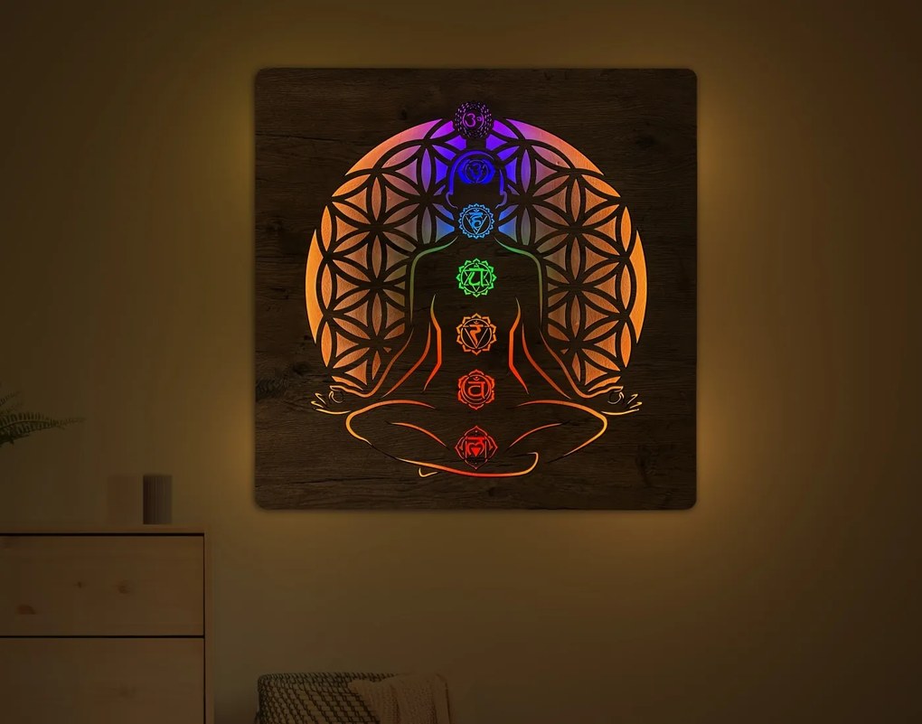 Li-Go "Čakry" světelný obraz s baterií 80x80cm varianta ovládání: ovládání na obraze včetně dálkového ovladače, provedení povrchu: dub
