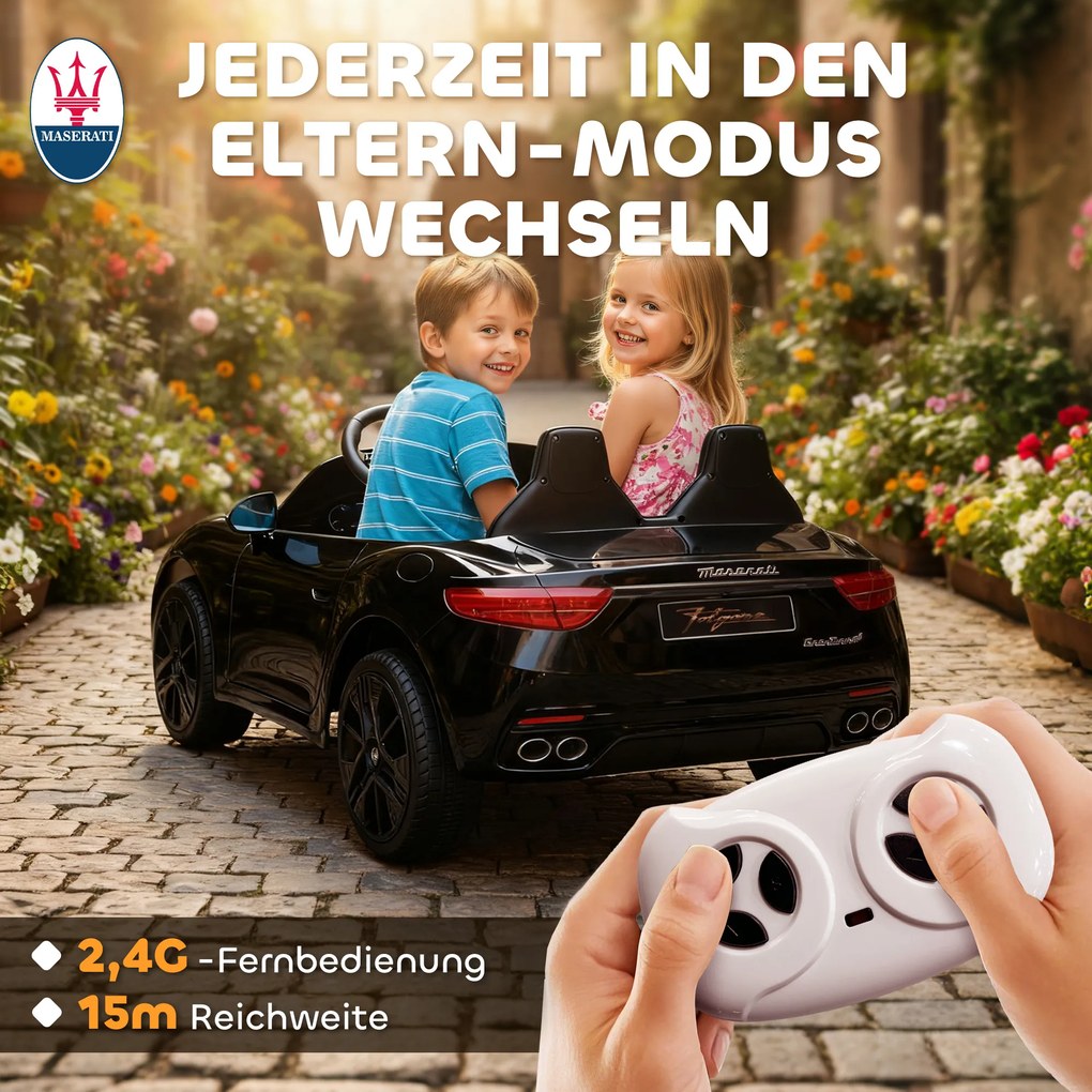 AIYAPLAY Dětské elektroauto Maserati, dvoumístné, 12V napájení z baterie, dálkové ovládání, LED světla, hudební funkce, černé