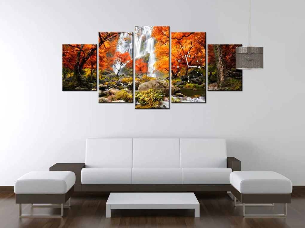 Gario Obraz s hodinami Podzimní vodopád - 5 dílný Rozměry: 150 x 70 cm