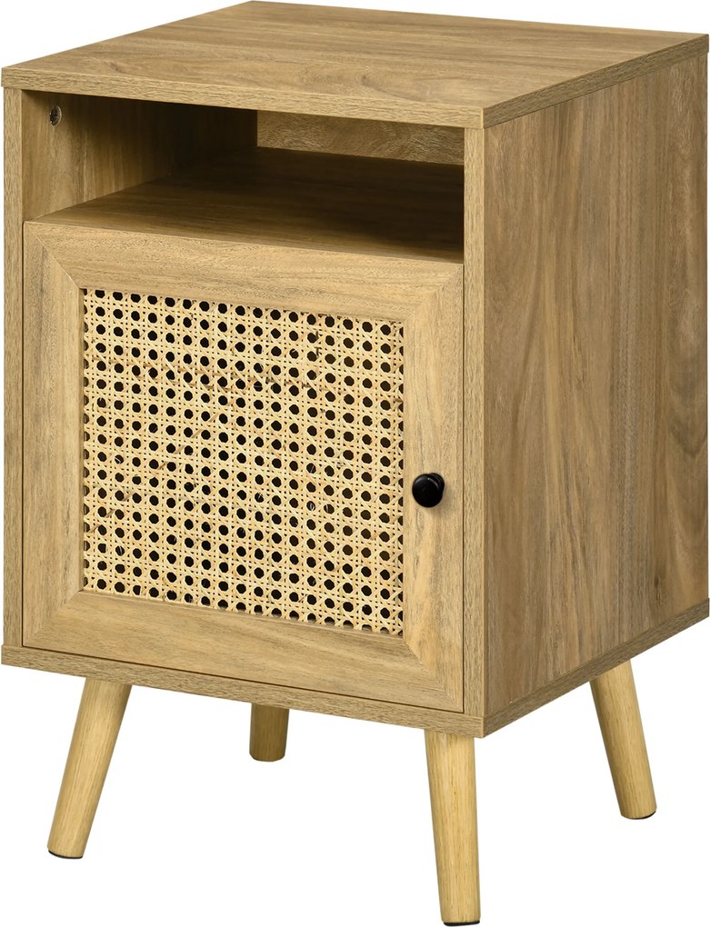 HOMCOM Noční stolek, Malý dřevěný noční stolek, Boho styl, se skříňkou a otevřenou policí, do ložnice, obývacího pokoje, 39x35x60 cm, Dřevěná barva