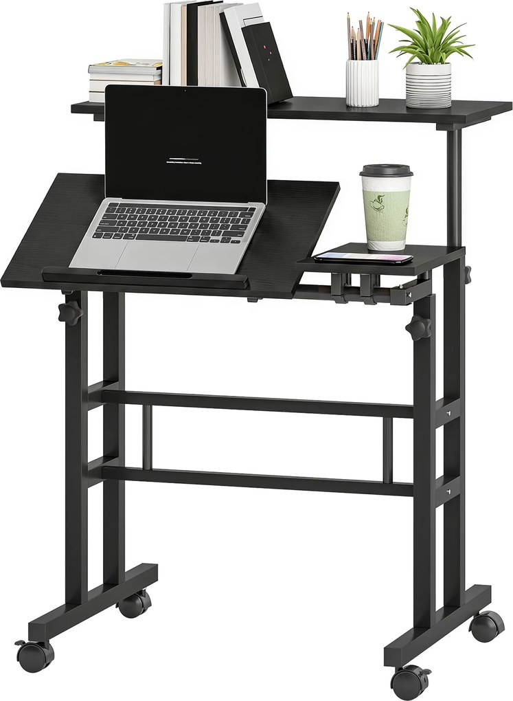 HOMCOM sedací‑stojací stůl výškově nastavitelný 70 x 60 cm na kolečkách s naklápěcí deskou, černý kovový rám