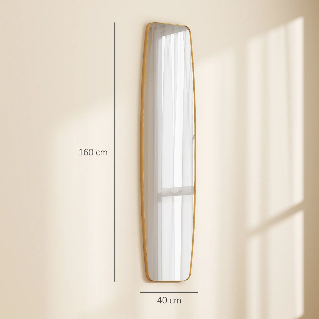 HOMCOM nástěnné celozrcadlo 160 × 40 cm s kovovým rámem — dekorativní celozrcadlo do předsíně, ložnice a obývacího pokoje, zlaté