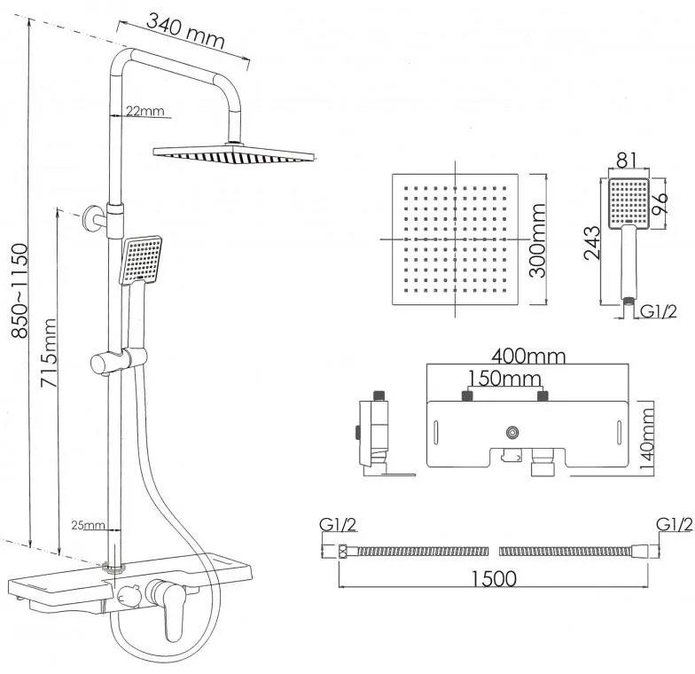 Erga Oslo, sprchová souprava s pákovou baterií, policí a dešťovou hlavicí 30x30 cm, černá matná, ERG-YKA-BP.OSLO-30-BLK