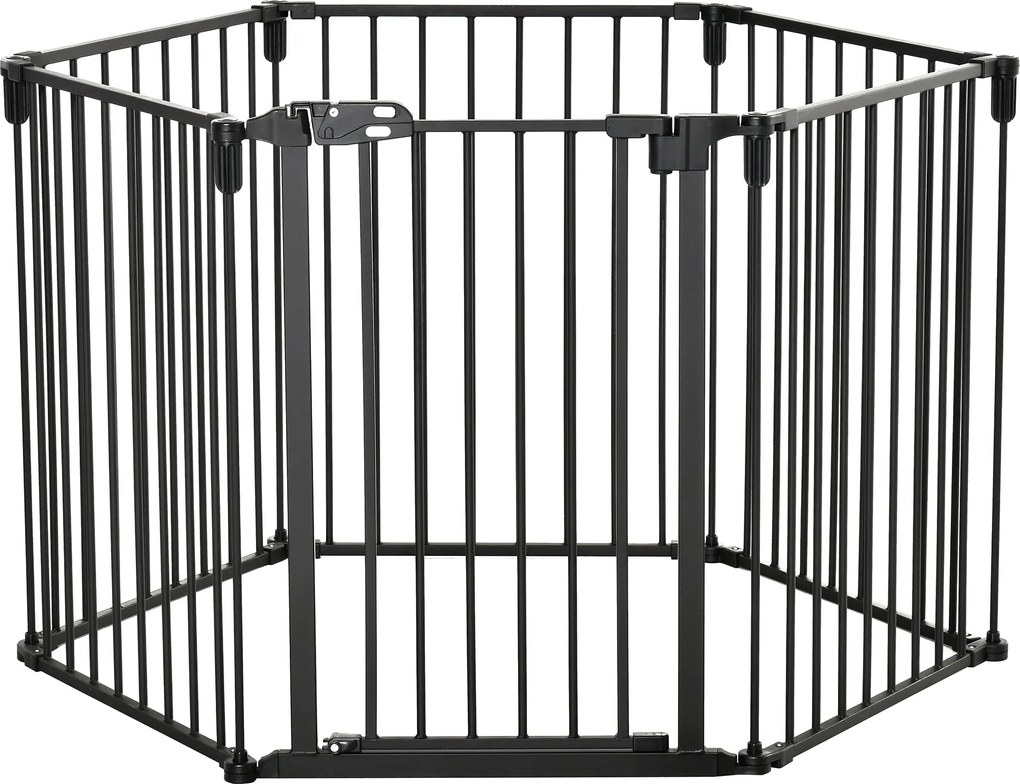 PawHut Bezpečnostní Bariera na Krb Modrý Ochranný Oplocení pro Domácí Zvířata Modulární Skládací 6 Panelů s Dveřmi Bez Vrtání 362,5 x 76 cm Černá | Ao