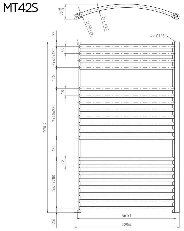 Mereo otopný žebřík oblý 600x1330 mm středové připojení bílý MT42S