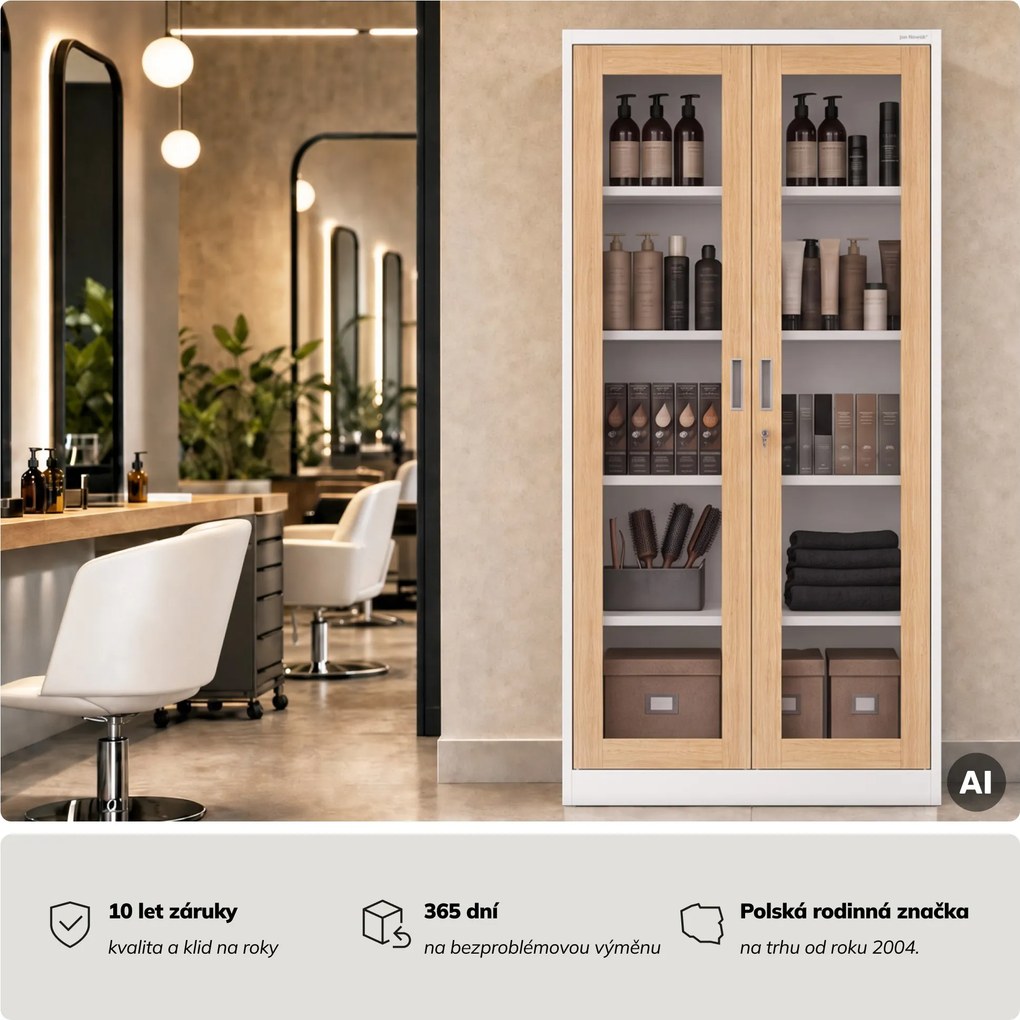 Kovová skříň s vitrínou bílá, dub sonoma, 900x1850x400 mm: AMELIA Eco Design