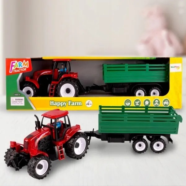 TRAKTOR FARMÁŘSKÝ 47cm S ODNÍMATELNÝM PŘÍVĚSEM + FIGURKA FARMÁŘE