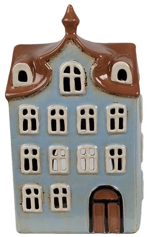 Modrý keramický svícen na čajovou svíčku domek Amster Village - 13*9*22 cm