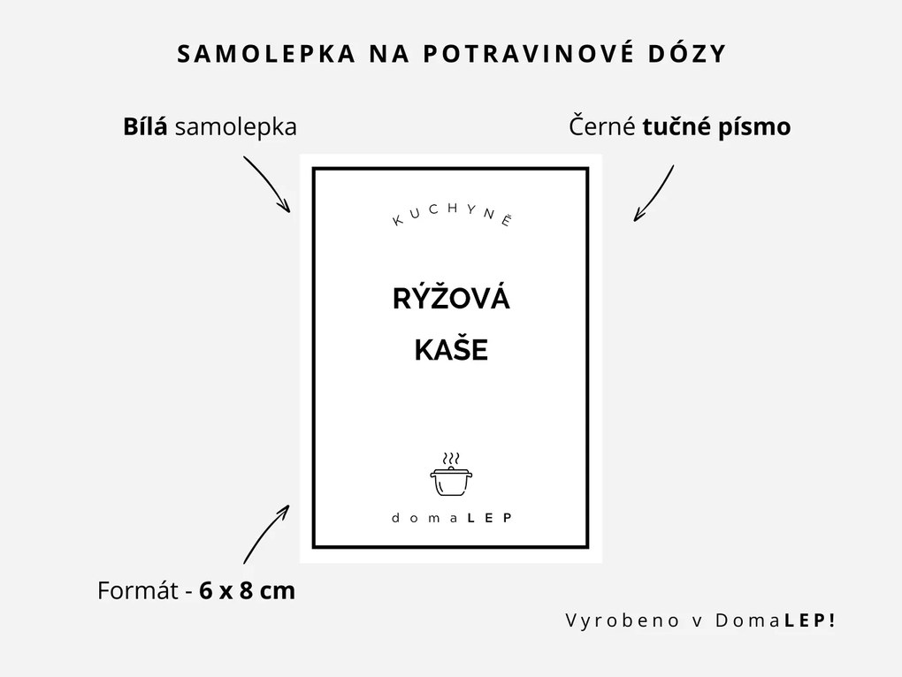 RÝŽOVÁ KAŠE - omyvatelná samolepka na dózu, výběr rozměrů Ø 5 cm / 5 x 5 cm / 6 x 8 cm | DomaLEP tvar: ČTVEREC, barva: BÍLÁ - ČERNÉ písmo, velikost: š. 5 cm x v. 5 cm - tučné písmo