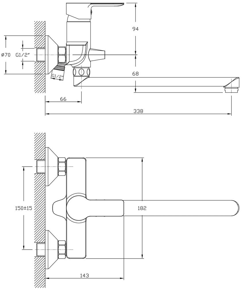 Bruckner, BARON nástěnná umyvadlová/vanová, rozteč 150mm, hubice 338mm, chrom, 612.025.1