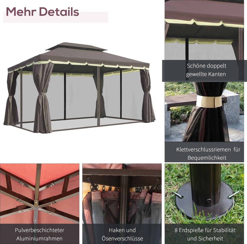Outsunny Zahradní pavilon altán 390 x 290 x 280 cm zahradní stan party stan se 4 x bočními panely moskytiéra odolná proti povětrnostním vlivům hliník…
