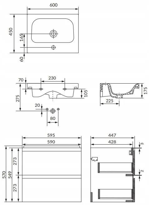 Cersanit Moduo SET, závěsná skříňka 60x45x57 cm + umyvadlo 60cm, antracitová matná, S801-472-DSM