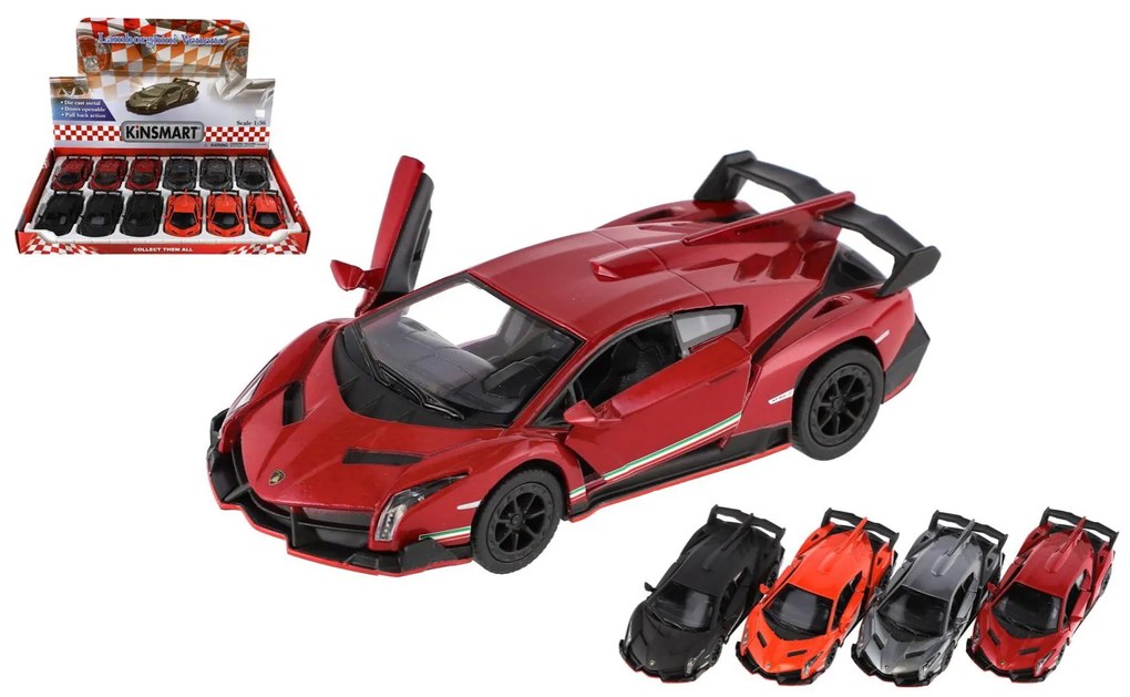 Auto Kinsmart Lamborghini Veneno kov/plast 13cm na zpětné natažení 4 barvy (1 ks)