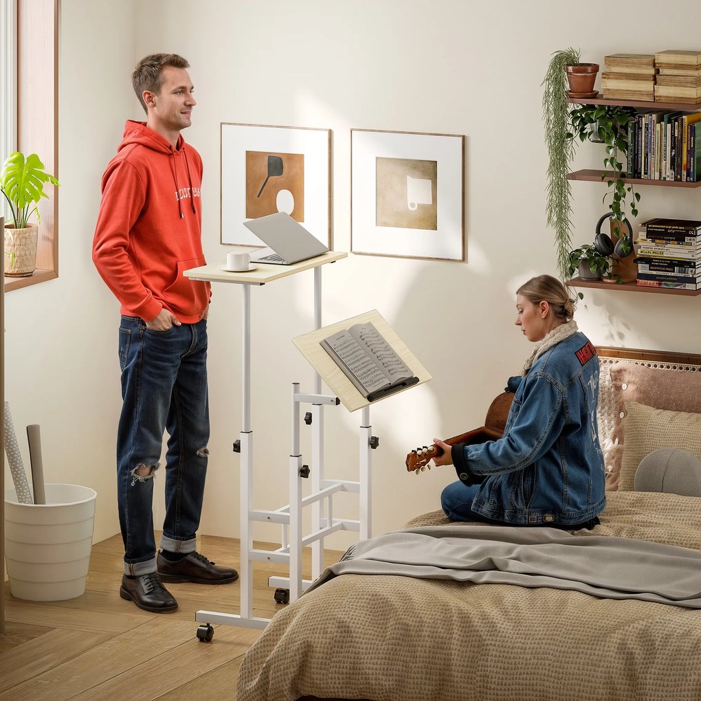HOMCOM stojací‑sedací stůl 60×60 cm – výškově nastavitelný, s kolečky, naklápěcí deska stolu, kovový rám, přírodní