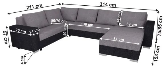 Čalouněná univerzální rozkládací sedací souprava do U YORK šedá/černá