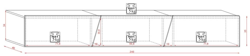 TV stolek Slant s LED osvětlením 240 cm černý mat/černý lesk