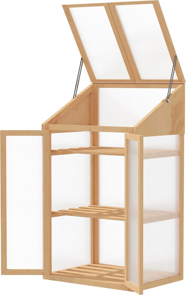 Outsunny dřevěný studený rám, mini skleník 70 x 50 x 120 cm, skleník s krytem, oknem, dvoukřídlými dveřmi, světlo-propustný studený rám se 3 policemi,