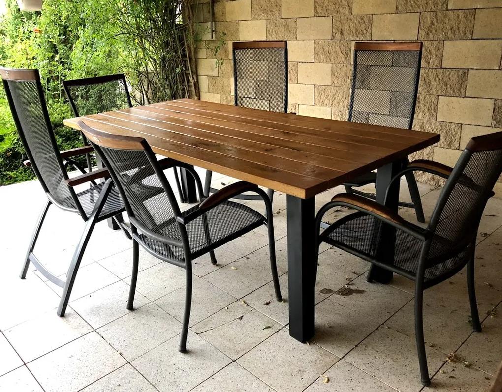 KULHÁNEK Zahradní stůl s kovovými nohami Odstín nátěru: individuální, Velikost desky: 180x80 cm, Odstín podnože: černá s jemnou strukturou - JS RAL 9005