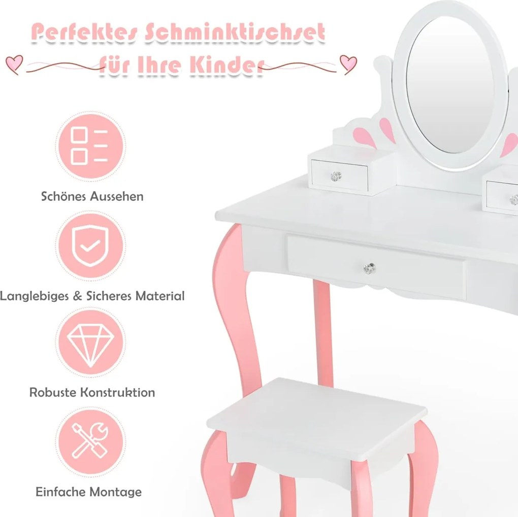 Costway Dětský toaletní stolek se stoličkou Princess se 3 zásuvkami a zrcadlem