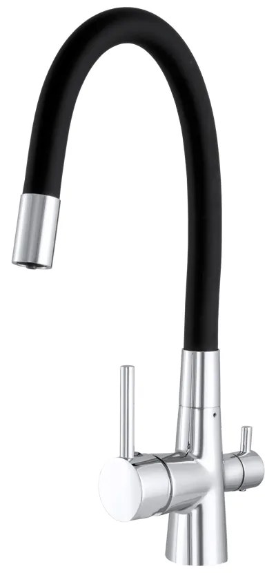 Gamma Flex, třícestná dřezová baterie s flexibilním ramenem s připojením na filtr vody, chromová-černá matná, GMA-BFXF-CH
