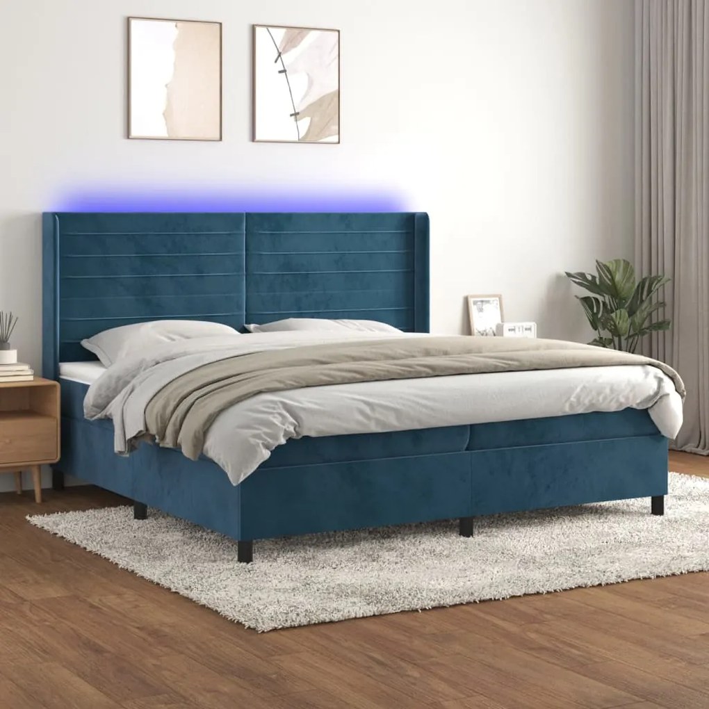 Box spring postel s matrací a LED tmavě modrá 200x200 cm samet
