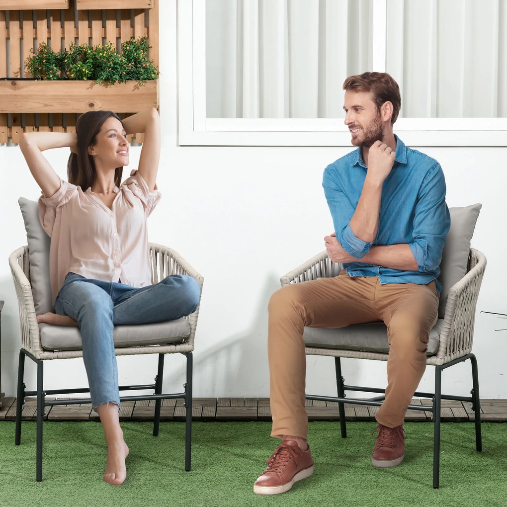 Sada 2 zahradních židlí Outsunny s polštáři v boho stylu, kovový rám, ideální na balkon a terasu, odolné proti povětrnostním vlivům a pohodlné