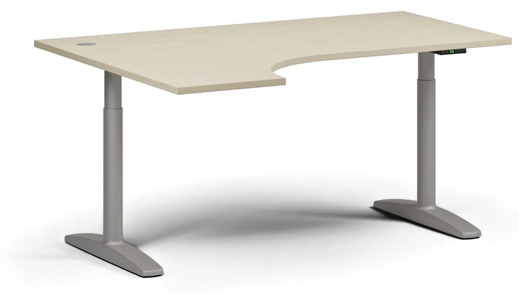 Výškově nastavitelný stůl OBOL, elektrický, 675-1325 mm, rohový levý, deska 1600x1200 mm, šedá zaoblená podnož, buk