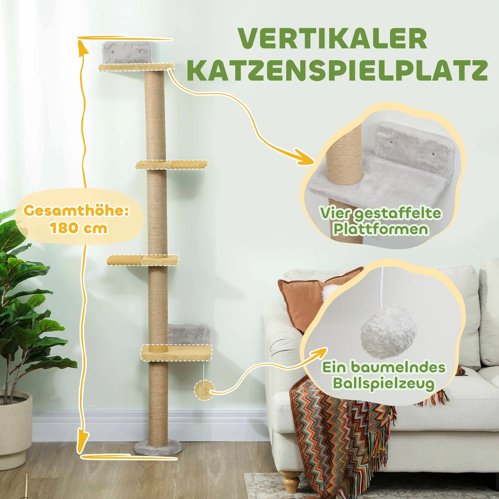 PawHut Kočičí škrabadlo, 5úrovňový design, hračky, sisalové sloupky, plyšová látka, světle šedé