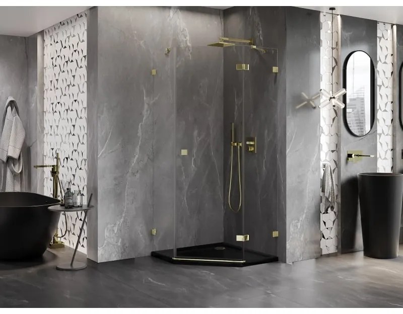 Mexen Lunar, pětiúhelníkový sprchový kout naklápěcí vpravo 80 x 80 cm, 8mm čiré sklo, zlatý profil, 831-080P-080L-50-00-P