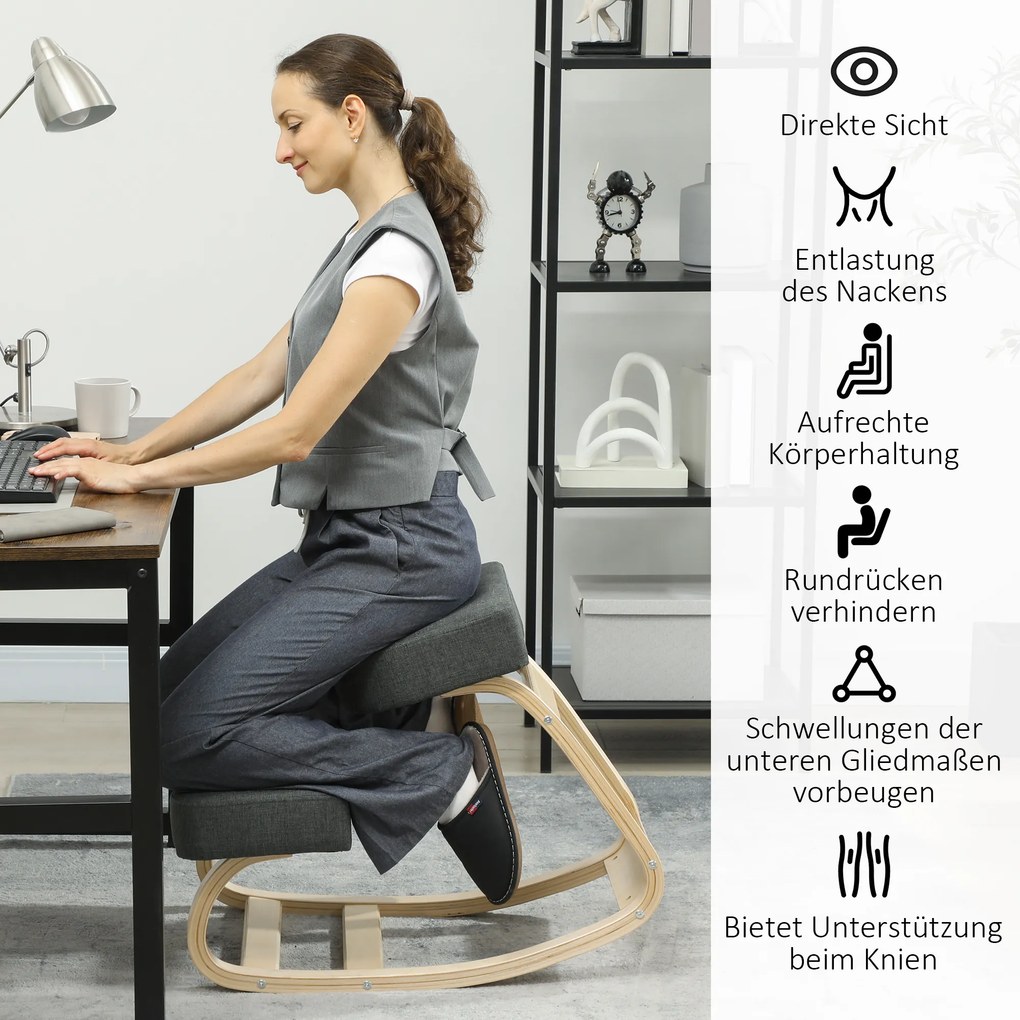 Vinsetto Kolenní židle, ergonomická posezení, polstrovaný stolek pro zdravé sezení, březové dřevo, nosnost 120 kg, tmavě šedá