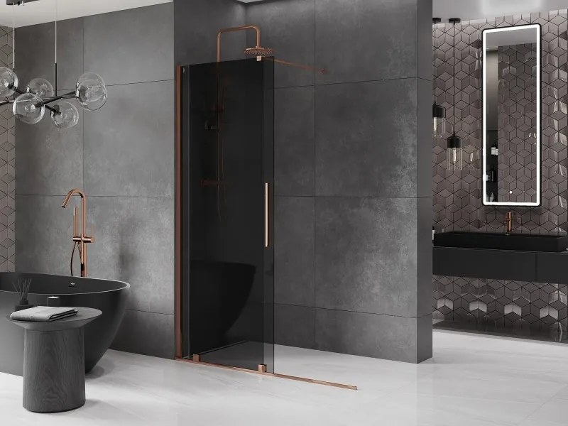 Mexen Velar, sprchová zástěna s posuvnými dveřmi Walk-in 140 x 200 cm, 8mm šedé sklo, růžové zlato, 871-140-000-43-60