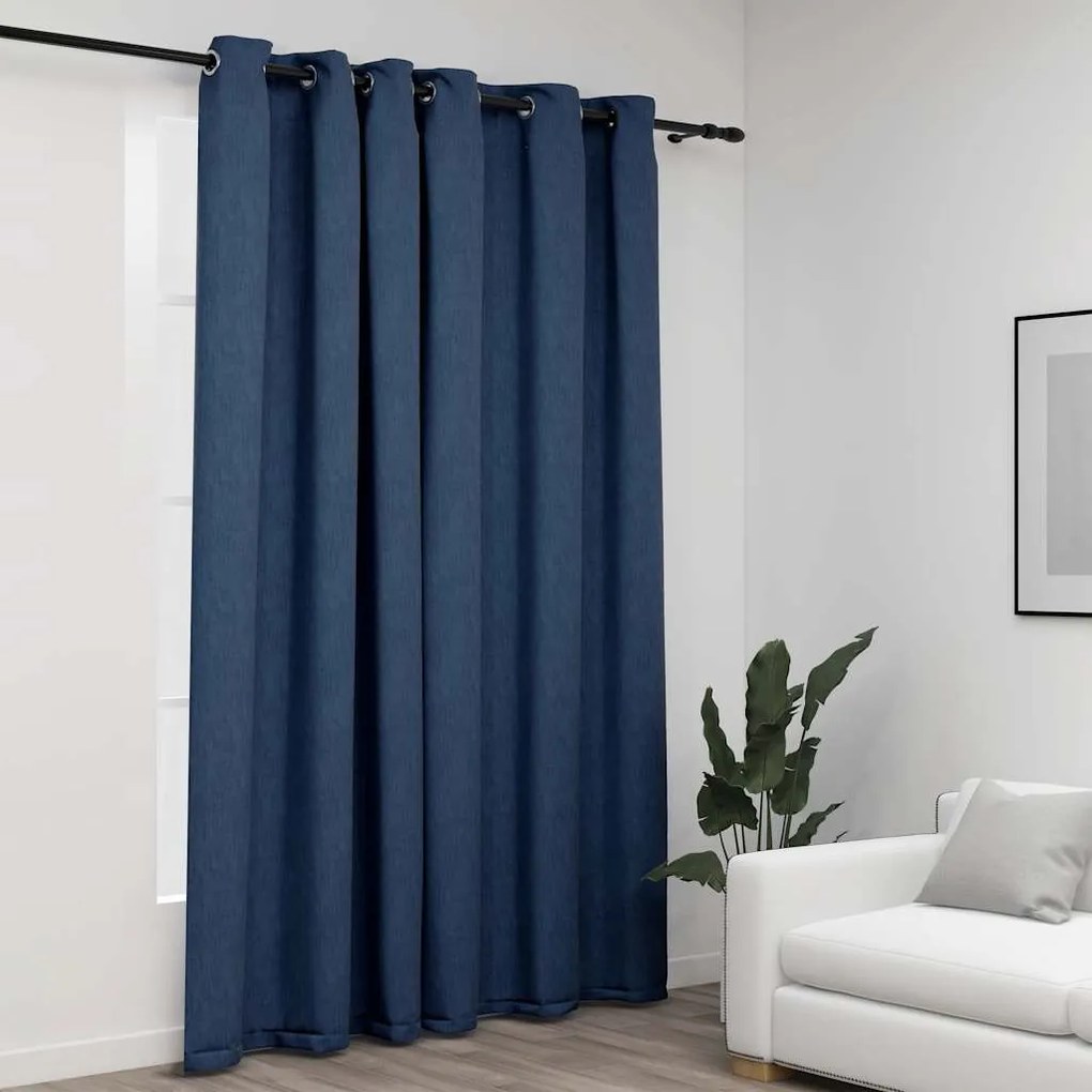 Zatemňovací závěs s kroužky vzhled lnu modrý 290 x 245 cm 321179