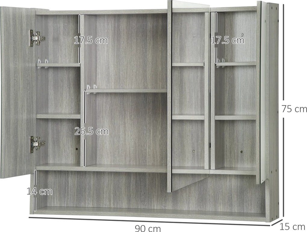 Zrcadlová skříňka Kleankin se 4 sekcemi a nastavitelnými policemi, koupelnové zrcadlo ze dřeva a skla, 90x15x75 cm, Šedá