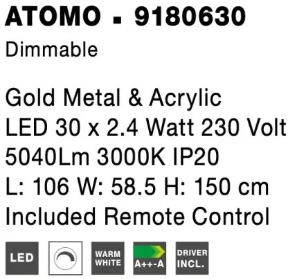 LED lustr Atomo 106 zlaté s dálkovým ovládáním