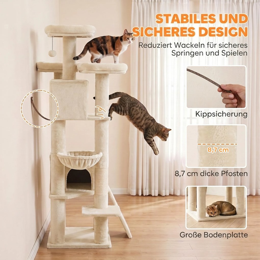 PawHut Velké škrabadlo 184 cm vysoké, kočičí strom se 3 škrábacími sloupky, ležení, hrací míček, houpací síť, žebřík, pro kočky do 6 kg D35-014V00BG