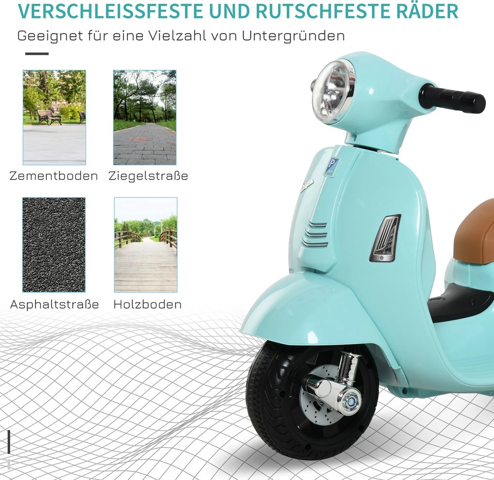 HOMCOM VESPA elektrická motorka dětská motorka elektrické vozidlo 18-36 měsíců 3 km/h LED světlo zvuk PP plast kov zelená 66,5 x 38 x 52 cm