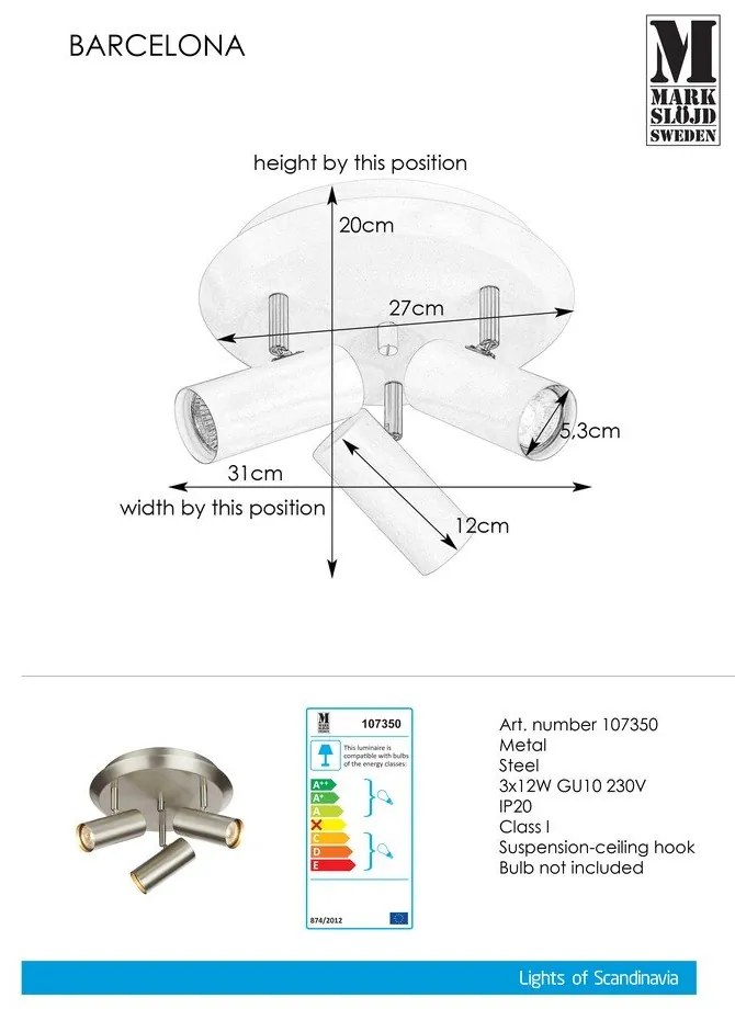 Nástěnné svítidlo ve stříbrné barvě Markslöjd Barcelona Tres