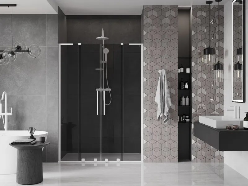 Mexen Velar L Duo, posuvné sprchové dveře do otvoru 150 cm, 8mm šedé sklo, bílá matná, 871-150-003-42-20