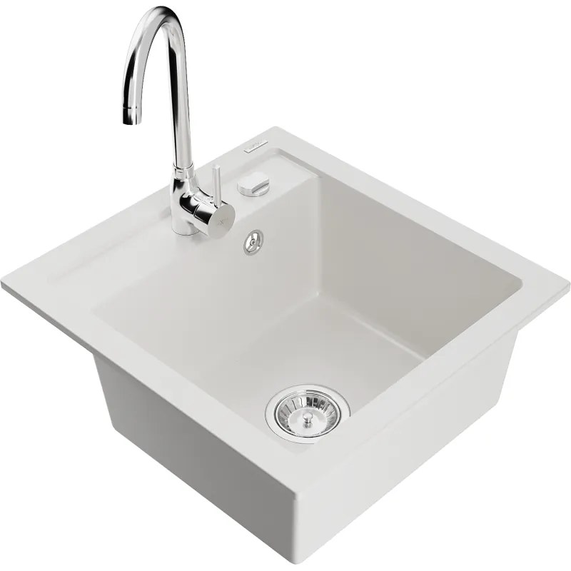 Mexen Vito, 1-komorový granitový dřez a kuchyňská baterie Telma, bílá, 6503-20-670200-00