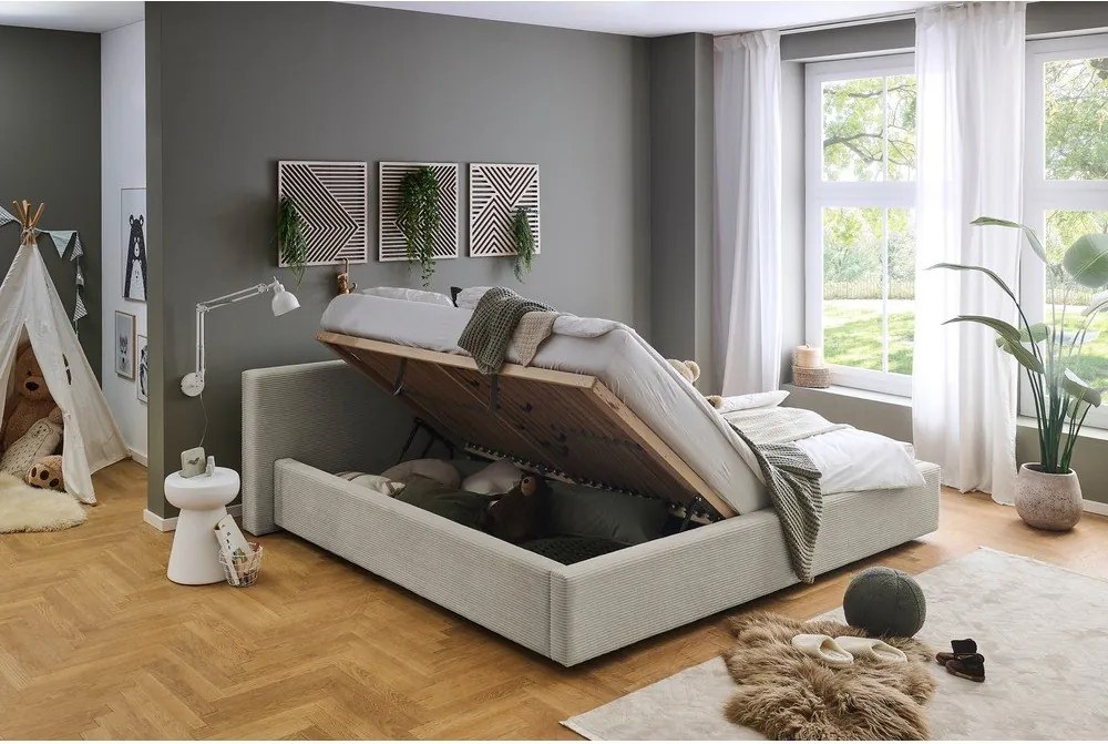 Béžová čalouněná dvoulůžková postel s úložným prostorem s roštem 200x240 cm Cube – Meise Möbel