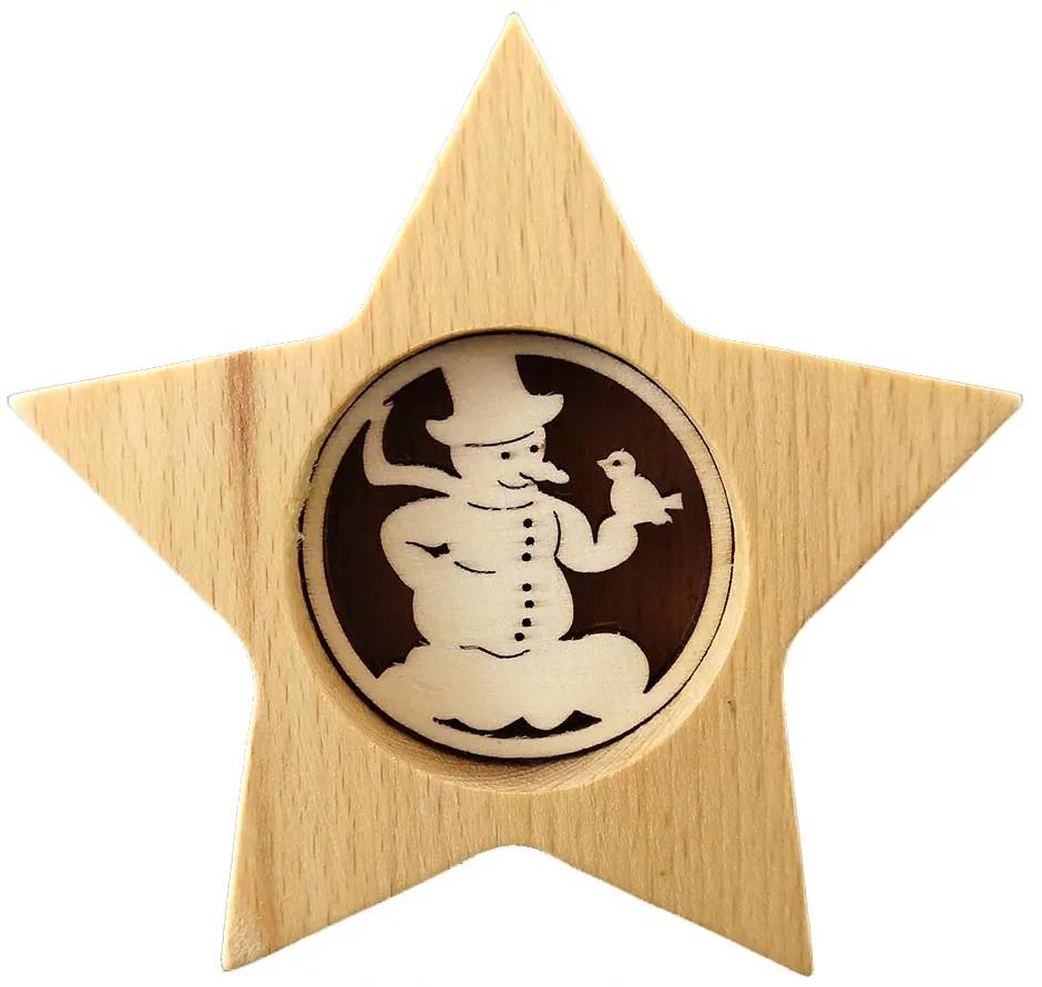 AMADEA Dřevěná hvězda s vkladem - sněhulák, masivní dřevo, 10x10x3 cm