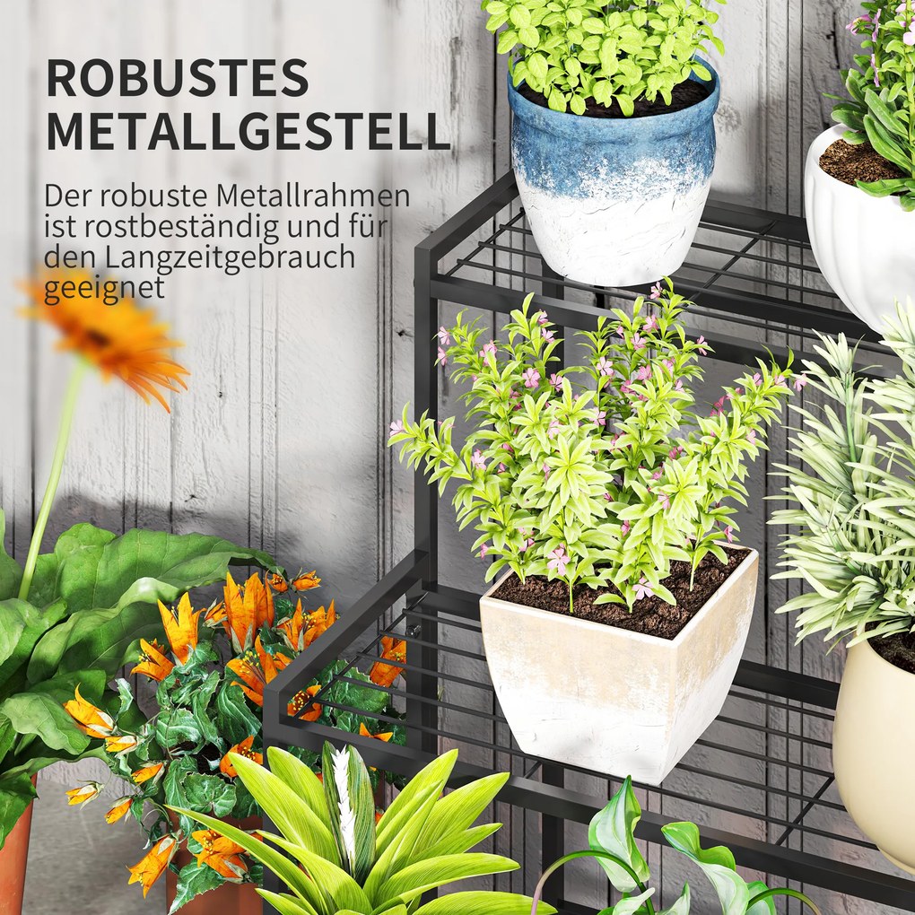 Outsunny Stojan na květináče, třípatrový stojan na rostliny ve tvaru schodiště, stojan na květináče do interiéru i exteriéru, kov, černý