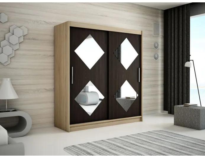 Krásná šatní skříň se zrcadlovou dekorací na posuvných dveřích Alena 150 v  barvě dub sonoma-wenge | BIANO