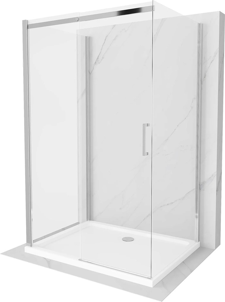 Mexen Omega, 3-stěnový sprchový kout s posuvnými dveřmi 110 (dveře) x 100 (stěna) x 190 cm, 8mm čiré sklo, chromový profil + bílá sprchová vanička SLIM, 825-110-100-01-00-3S-401